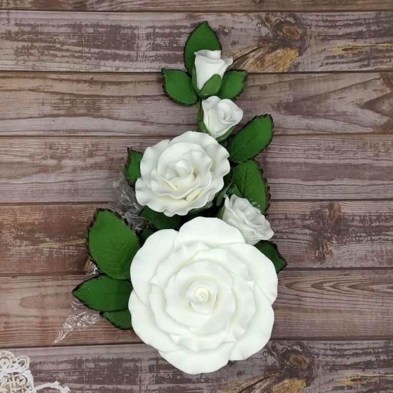 Gum Paste White Rose with Leaves Spray - Mia Cake House